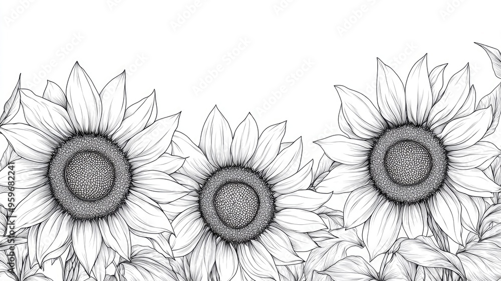 Sunflower Line Drawing Floral Frame Art Fine Line Flower Illustration ...