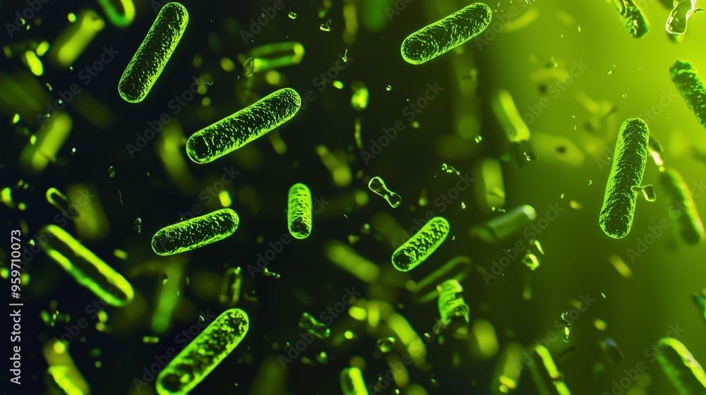 Microscopic view of Shigella bacteria, with rod-shaped cells glowing in ...