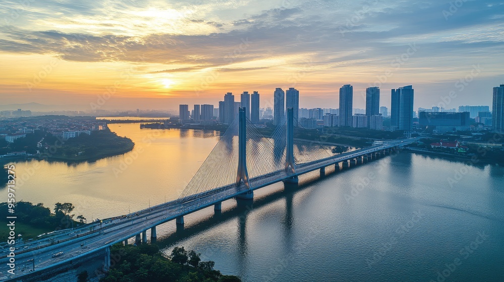 Aerial shot of the iconic Jambatan Sultan Ismail bridge crossing the ...