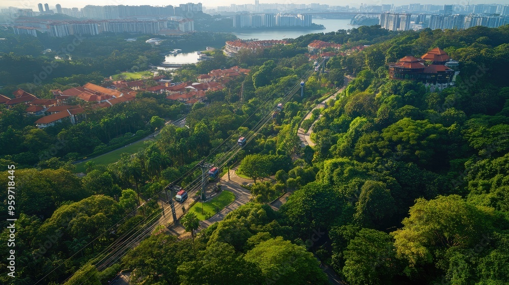 Bird's eye view of Mount Faber Park, with its cable cars traveling ...