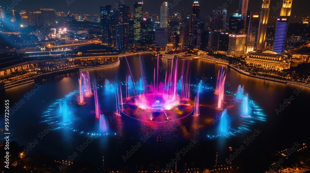 Bird's eye view of the Marina Bay Sands Light and Water Show, with ...