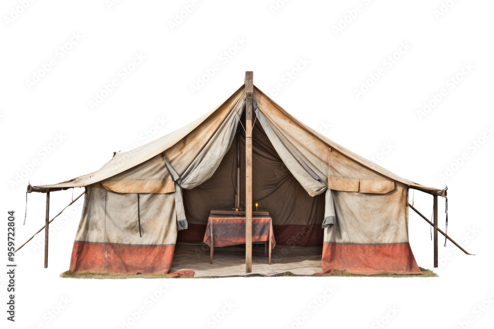 A vintage and nostalgic canvas tent reminiscent of old-fashioned ...