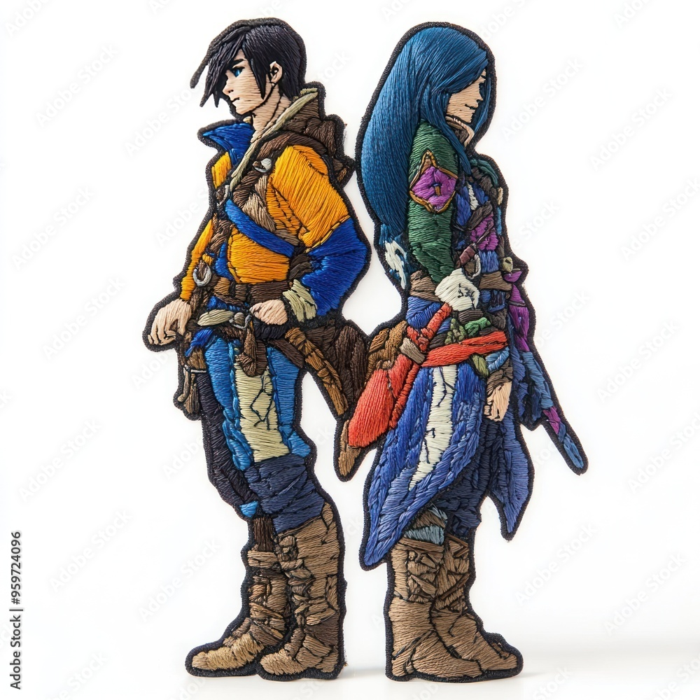 Two cartoon characters, one male and one female, standing back to back ...
