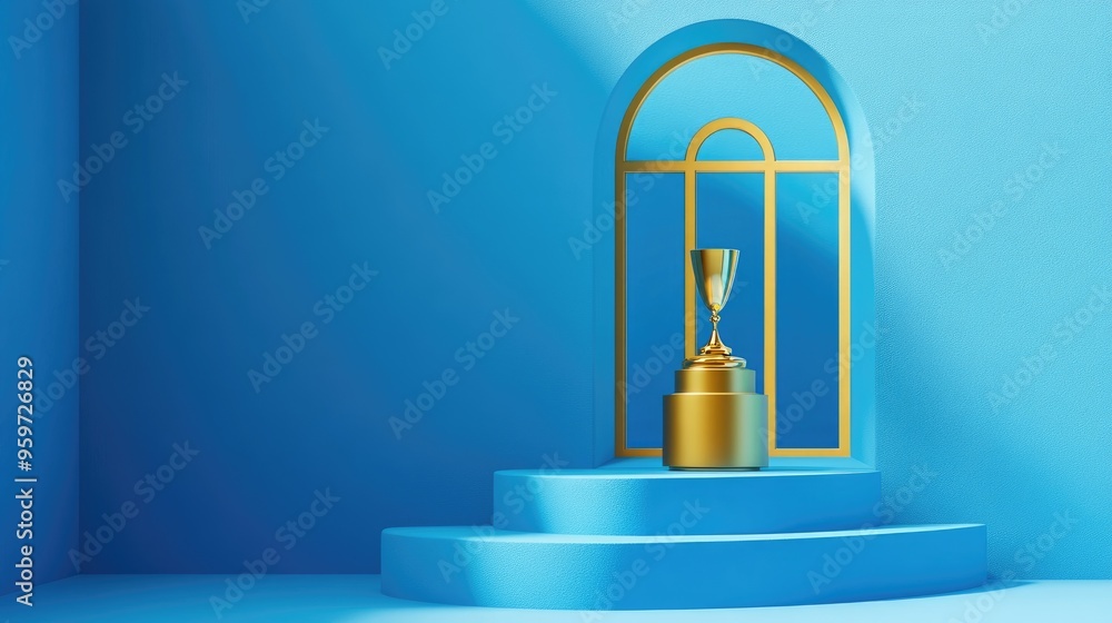Golden Award Trophy placed on a blue realistic cylinder podium with an ...