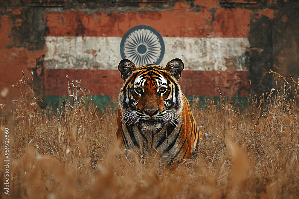Majestic Bengal tiger against Indian flag backdrop symbolizing national ...