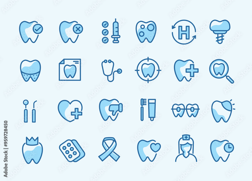 Dental icon set. containing tooth, dentist, toothpaste, toothbrush, teeth, implant and dentistry ...
