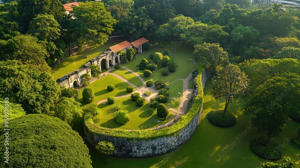 Top view of the historic Fort Canning Park, with its tree-lined paths ...