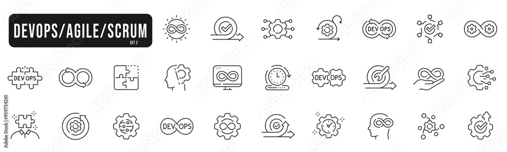 Devops, agile, scrum line icons. Plan, process, monitor, coding, programming etc. Editable ...