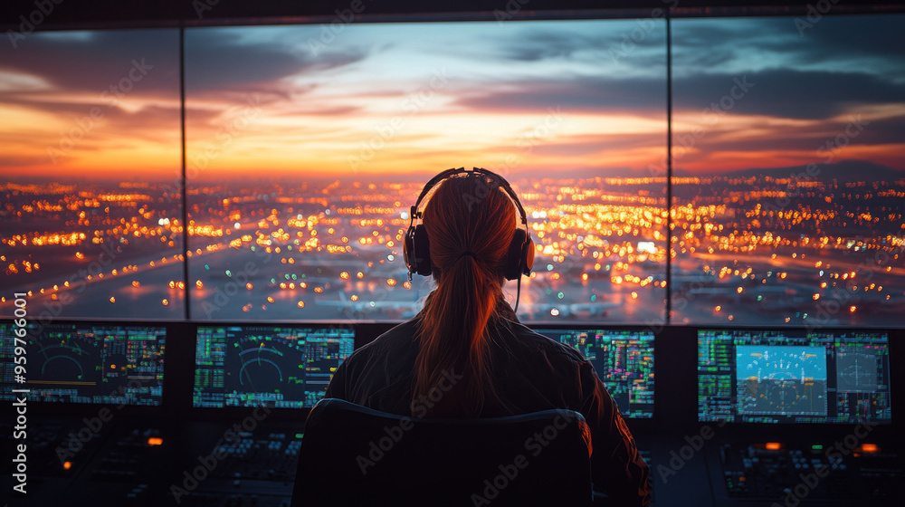 Airport operations, showing the control room with aviation ...