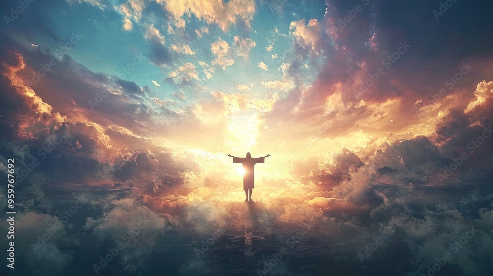 Jesus Christ Ascending to Heaven with Cross of Salvation Stock ...
