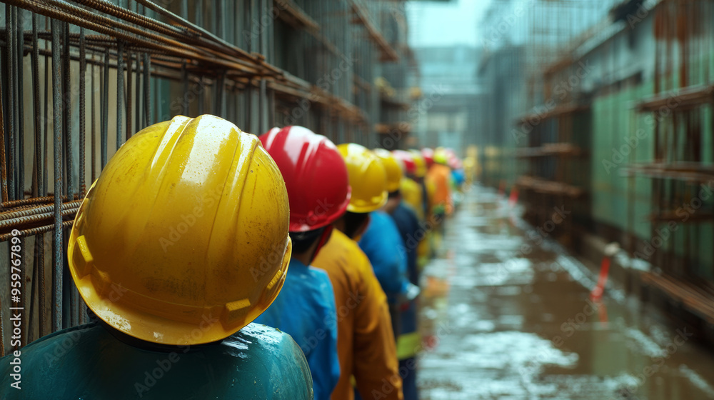Workers had to wear brightly colored helmets to protect them from ...