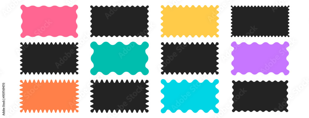 Color rectangle frames with wiggly borders. Torn paper, jagged ...