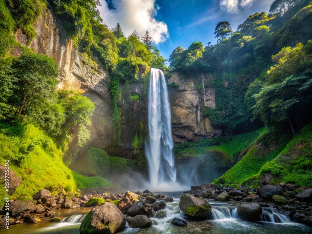 Coban Pelangi Falls in the afternoon, featuring a dramatic, sweeping ...