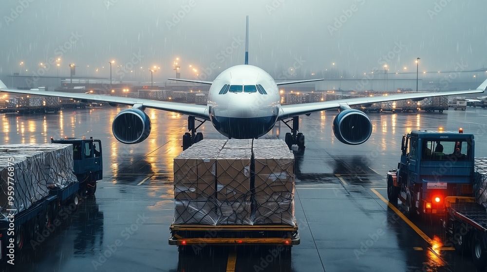 Air Cargo Loading in Rainy Weather. Aircraft is being loaded with cargo ...