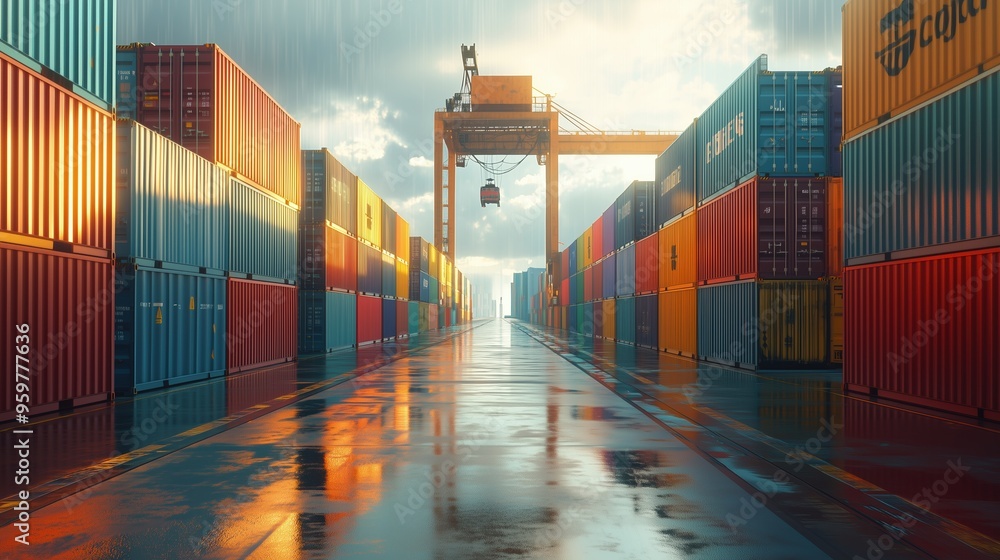 Colorful shipping containers are lined up in a large container yard ...