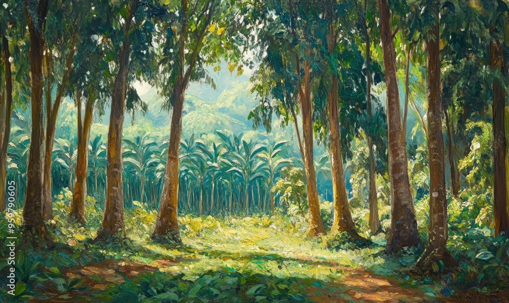 Oil painting depicting a vibrant tropical rubber plantation featuring ...