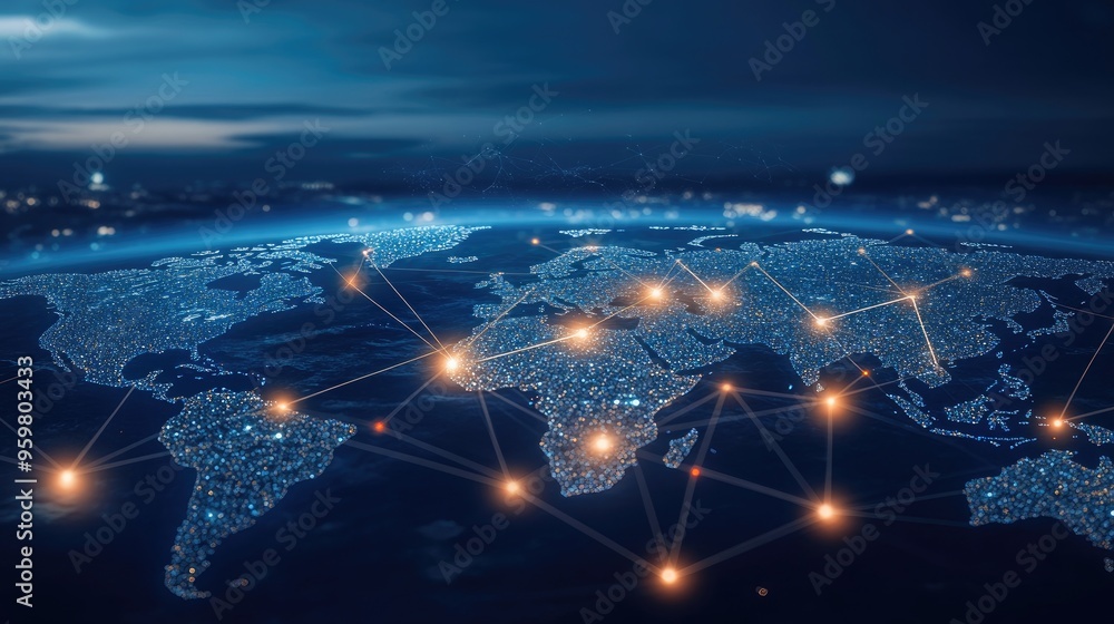 Global Network Connection Interconnected World Illuminated Cities And A Visual Representation