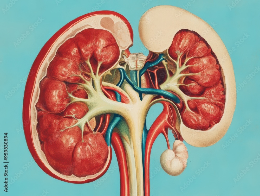 Anatomical illustration of cross-section of human kidney, displaying ...