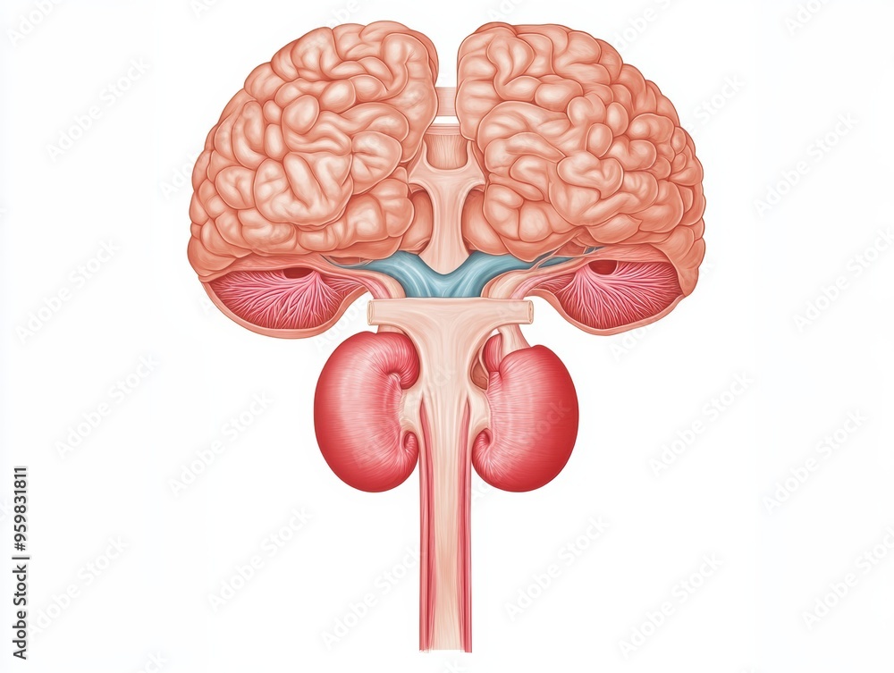 Cross-sectional medical illustration of male urinary system, showing ...