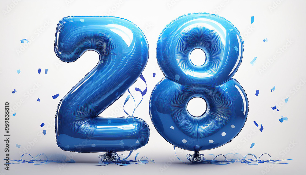 Blue birthday / anniversary balloon, number 28, white background with ...