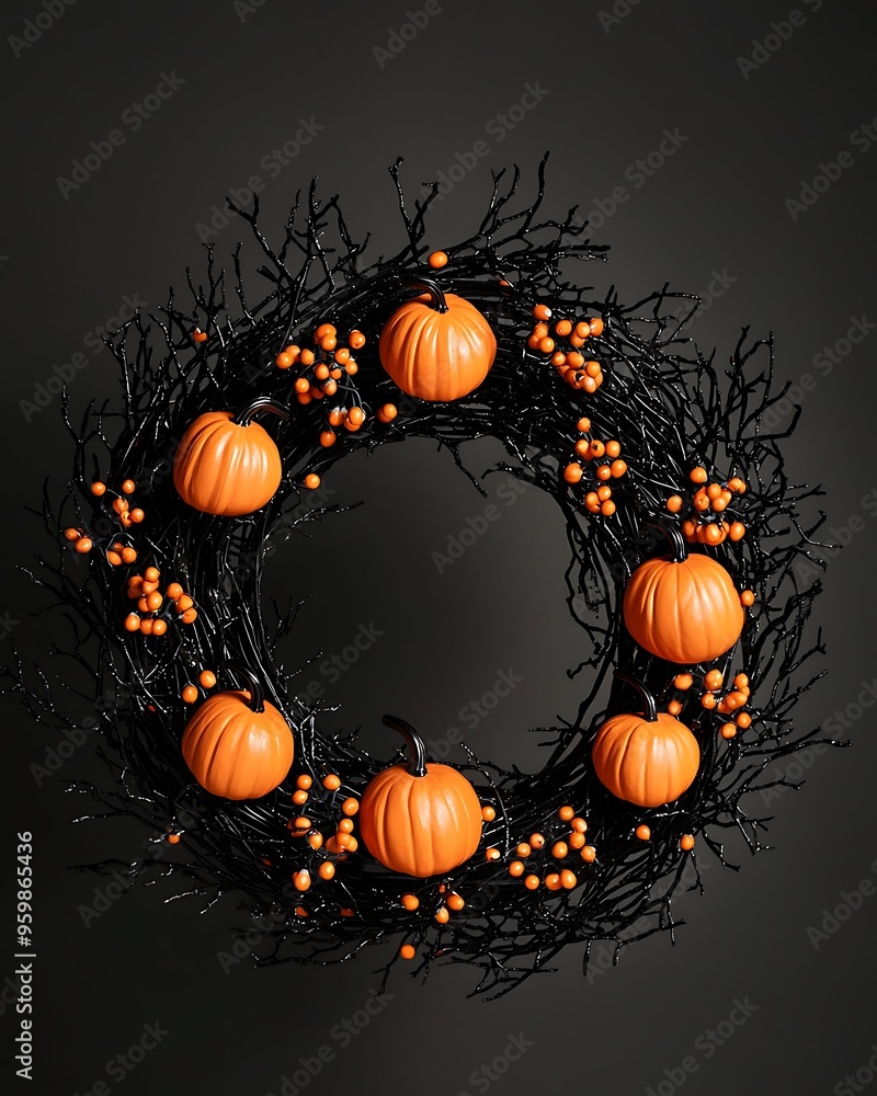Halloween wreath made of black branches and mini pumpkins, ultra-sharp ...