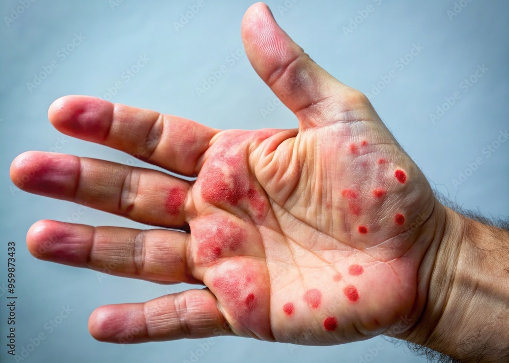 Male hand exhibits a distinctive, crab-like rash on the palm, a ...