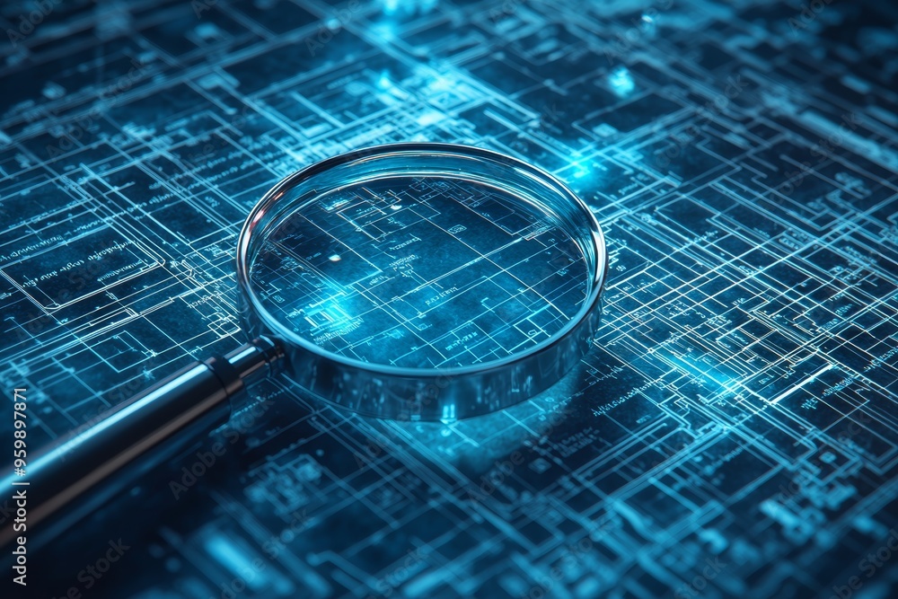 A 3D magnifying glass hovering over a digital blueprint, symbolizing ...