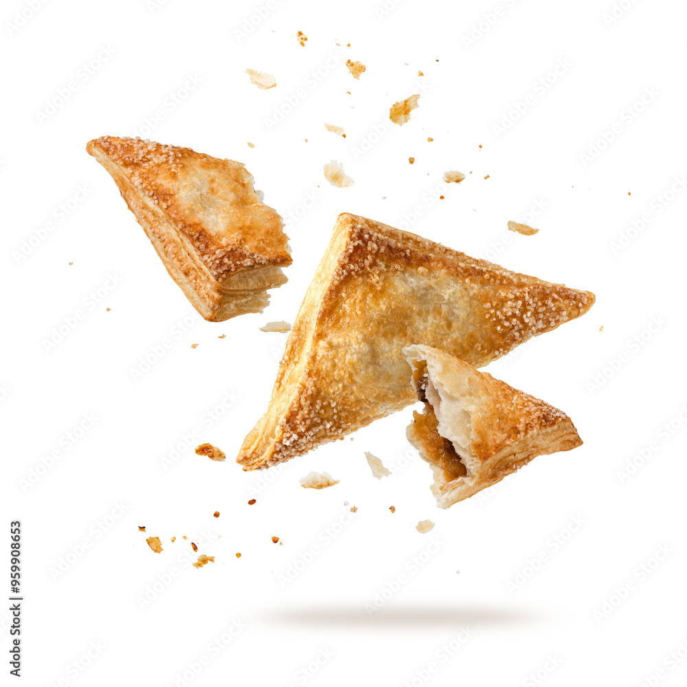 Whole and broken in half fresh baked pastry puff pie apple turnover ...