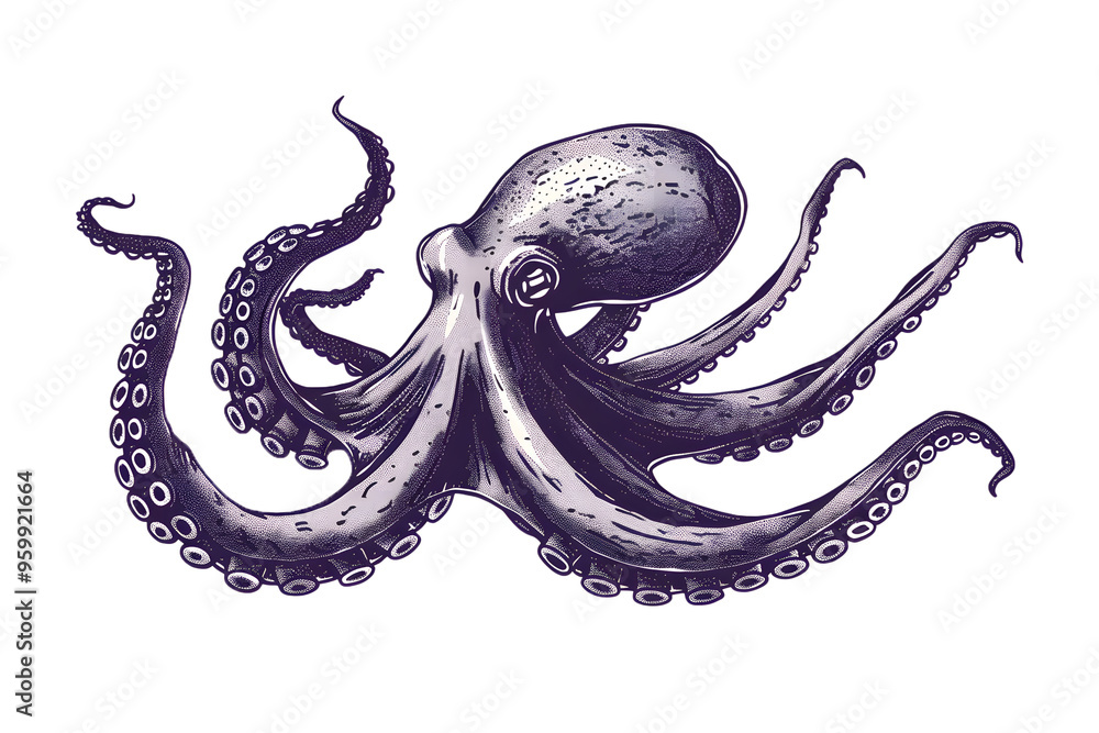 graphic image of an octopus, limited color palette, isolated on white ...