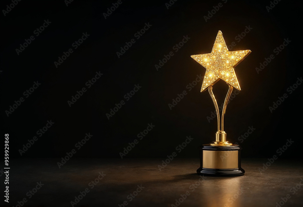 Gold star-shaped award with gold handle against a dark background with ...