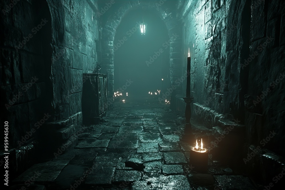 Mysterious grim dark dungeon alley with shadowy ambiance, stone walls ...