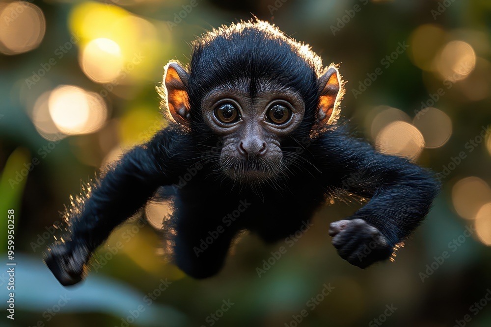 dynamic capture of langur monkey in midleap through lush jungle canopy ...