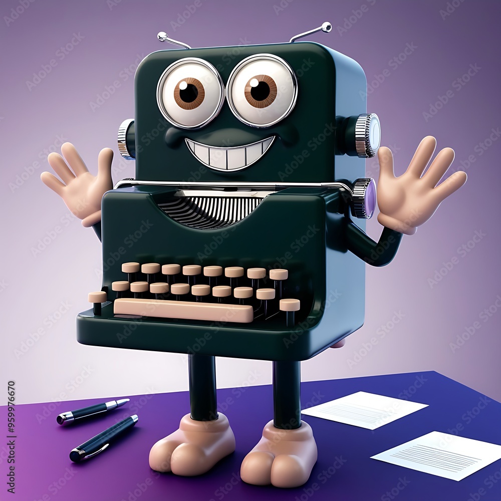 3D typewriter character with round keys, large eyes, cheerful smile ...