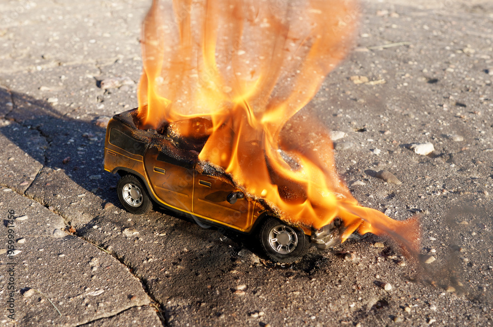 Burning car. Short circuit Causes a Car to Catch on Fire. Vehicle Fire ...
