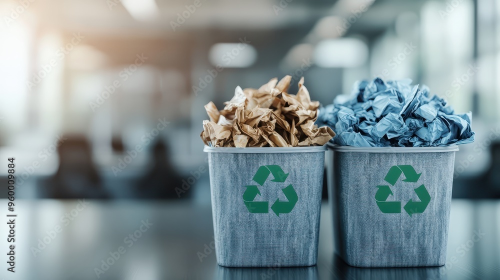 Two recycling bins, one filled with brown and the other with blue ...