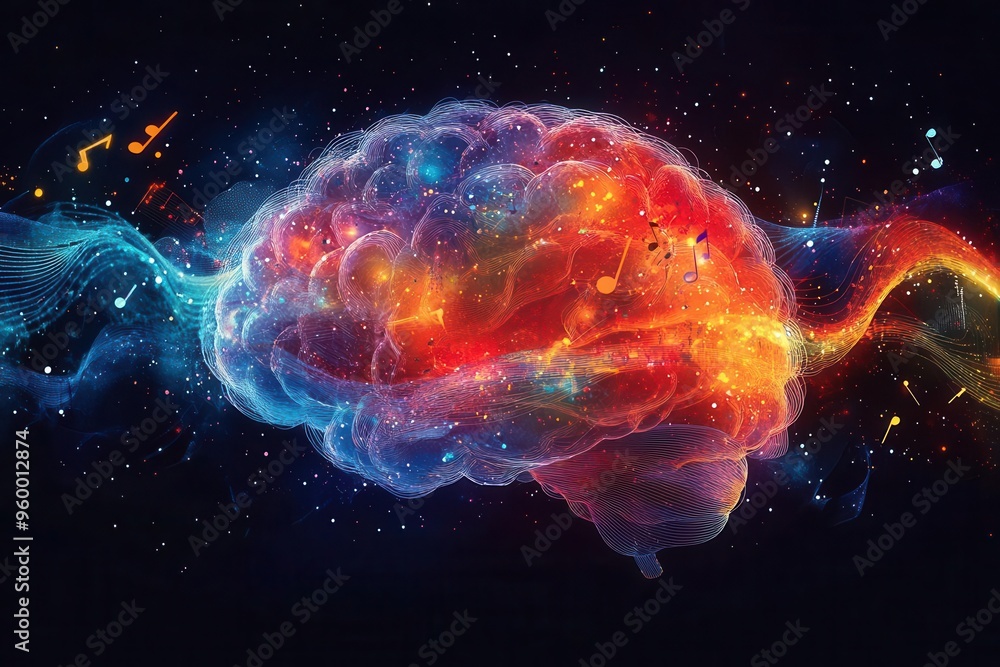 surreal digital illustration of a human brain radiating colorful ...