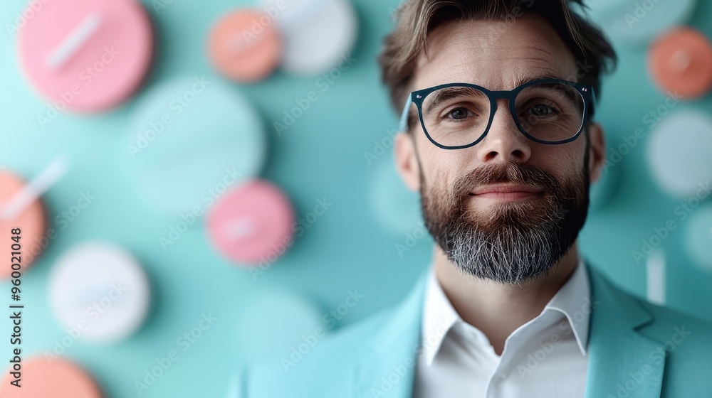 Man with glasses and a beard stands confidently against a colorful ...