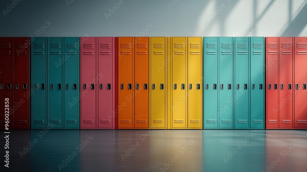 An image depicting a row of lockers in an educational setting ...