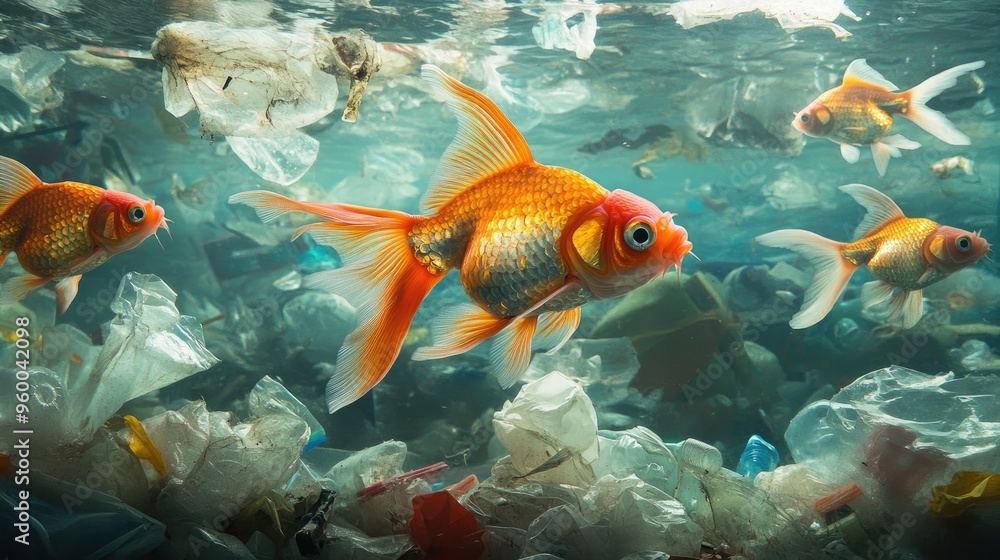 Goldfish swimming among plastic waste in a polluted ocean, bringing ...