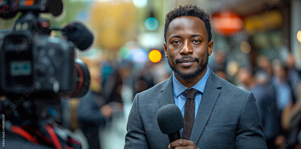 Black journalist in a suit holding a microphone is doing an interview ...