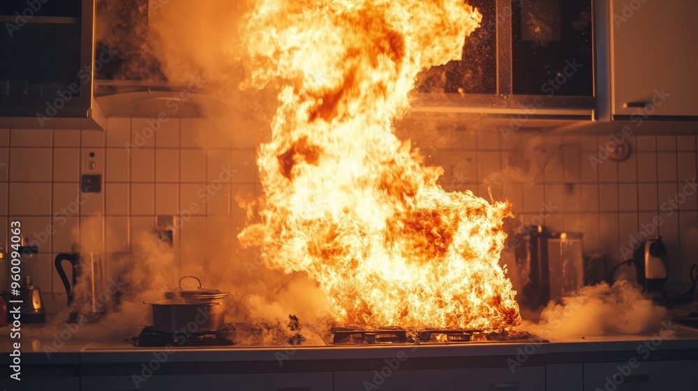 Intense kitchen fire with flames engulfing a stovetop, highlighting the ...