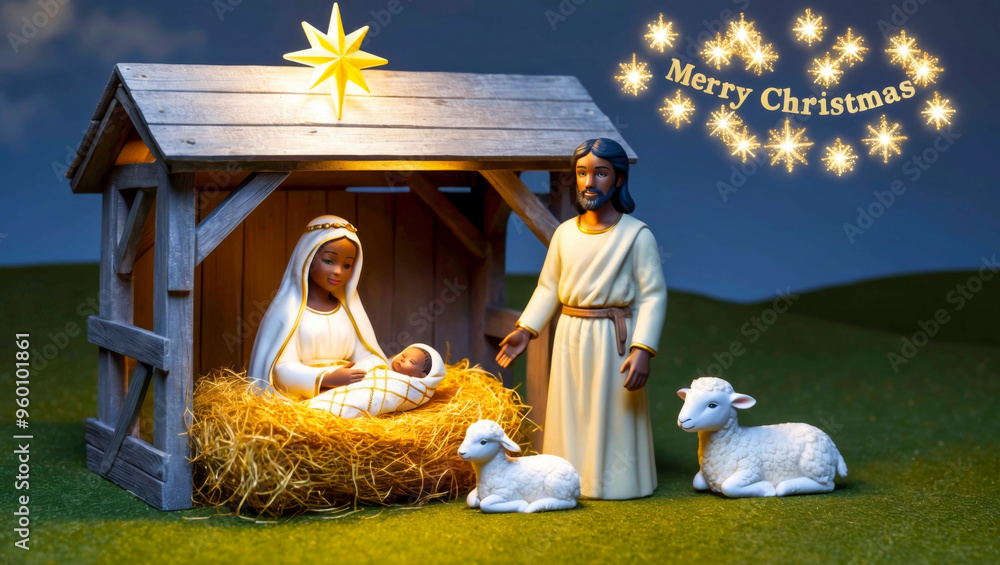 Christmas Nativity Scene with Baby Jesus, Mary, and Joseph Depicted in ...
