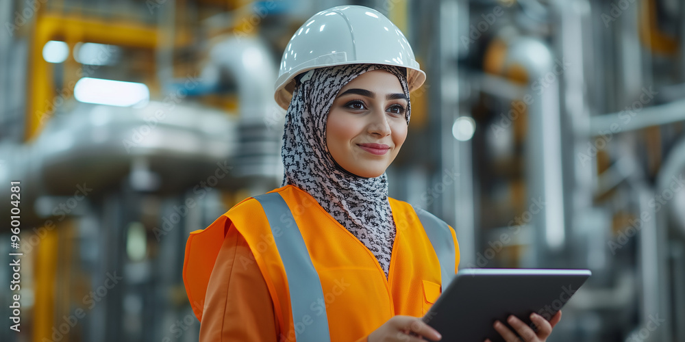 Muslim woman engineer using a tablet in a factory, wearing a hijab ...