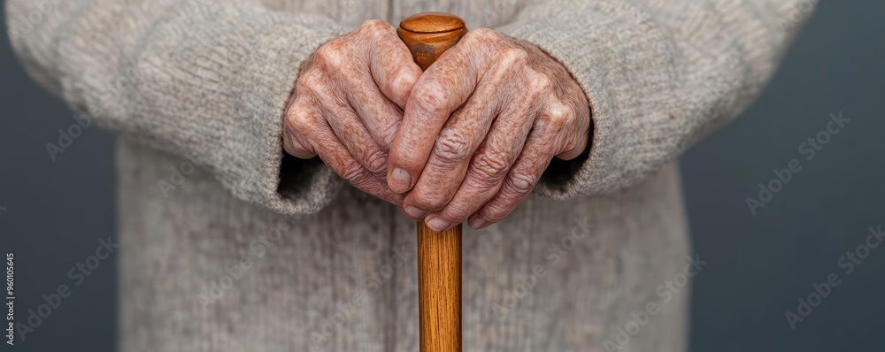 Elderly person s hands gripping a cane, overlay of bone strength ...