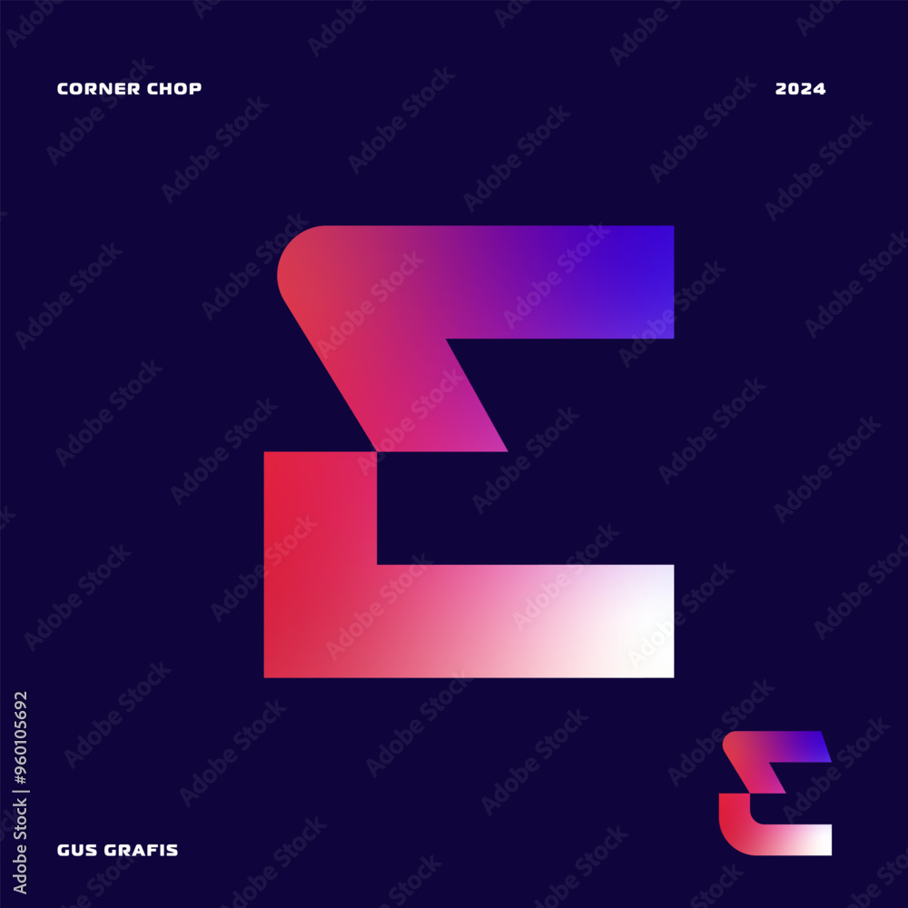 Letter E corner chop or corner cut, font, lettering, typography with ...