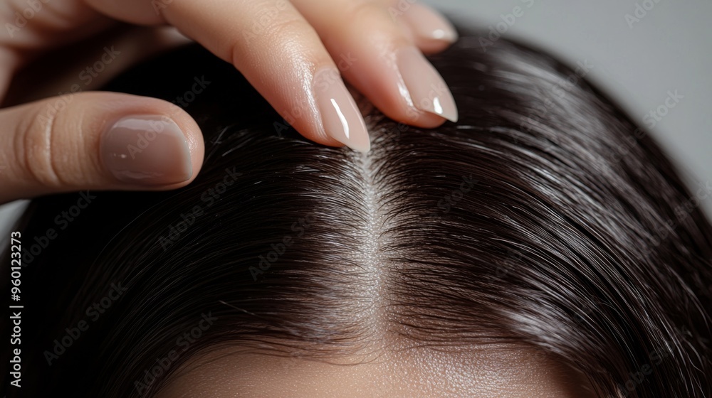A detailed close-up image showing a healthy scalp with lustrous black ...
