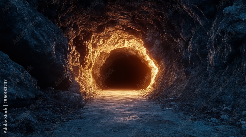 stone rocky cave with light rays bursting from within representing the ...