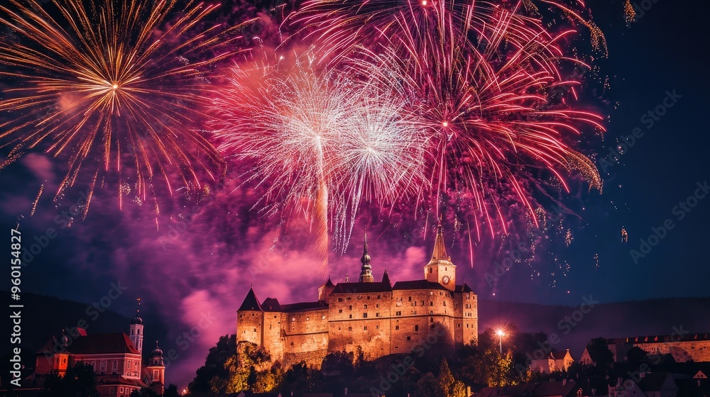 Fireworks bursting above a historic castle, blending ancient ...