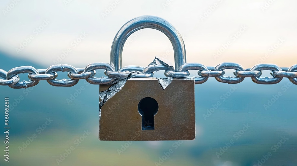 Cybersecurity concept with a broken chain and padlock, symbolizing ...