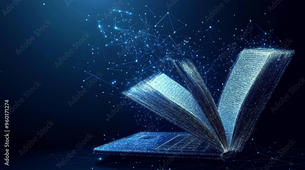 Book and screen. Low poly wireframe depiction against a blue backdrop ...